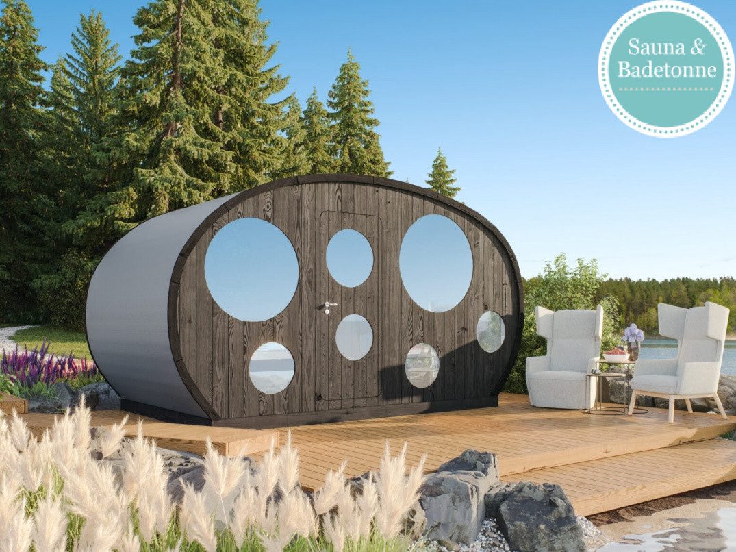 Oval Outdoor Barrel sauna – Two rooms - 14 Windows - For 6-8 people ...